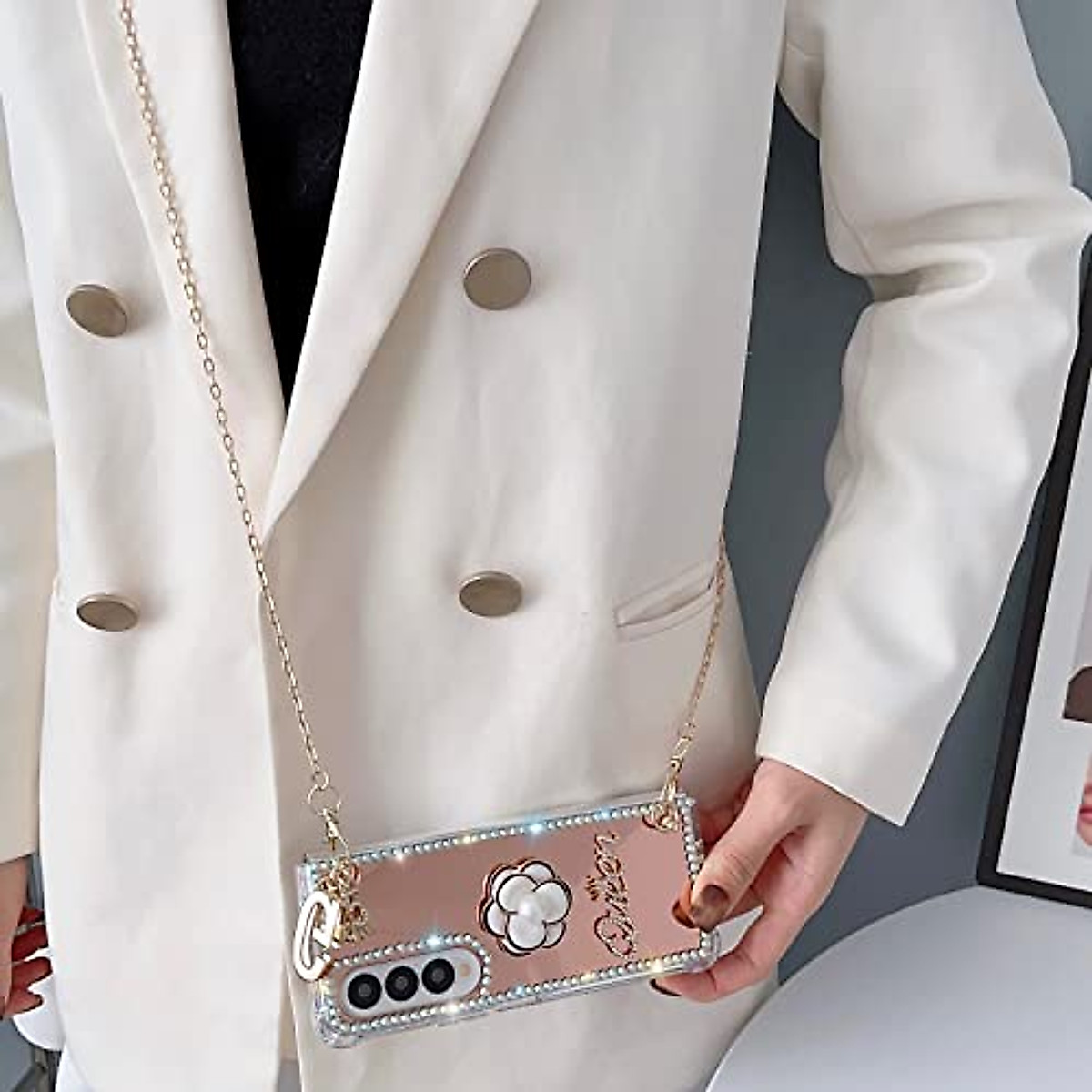 Omio for Samsung Galaxy Z Fold 3 5G Mirror Case with Crossbody Lanyard Luxury 3D Sparkle Crystal Diamond Bling Glitter Cute Slim Makeup Hard PC Phone Case for Galaxy Z Fold 3 Women Girls, Gold