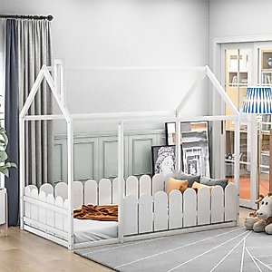 Harper & Bright Designs Kids House Beds, Twin Floor Bed with Fence Wood Cabin Bed Frame Can be Decorated for Kids, Teens, Girls, Boys, White