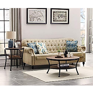 O&K FURNITURE Rustic Round Coffee Table for Living Room, 2 Tier Industrial Cocktail Table with Open Shelving, Vintage Brown Finish,1-PC