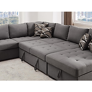 THSUPER Sectional Sleeper Sofa Couch Pull Out Bed with Storage Chaise, U Shape Oversized Sectionals Couches for Living Room, 6 Seater Gray