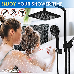 Ryamen Dual Shower Head Combo, Black 8'' High Pressure Rain/Rainfall Shower Head,5 Settings Adjustable Handheld Showers,with 15" Height Adjustable Slide Bar,Holder/59’‘ Hose