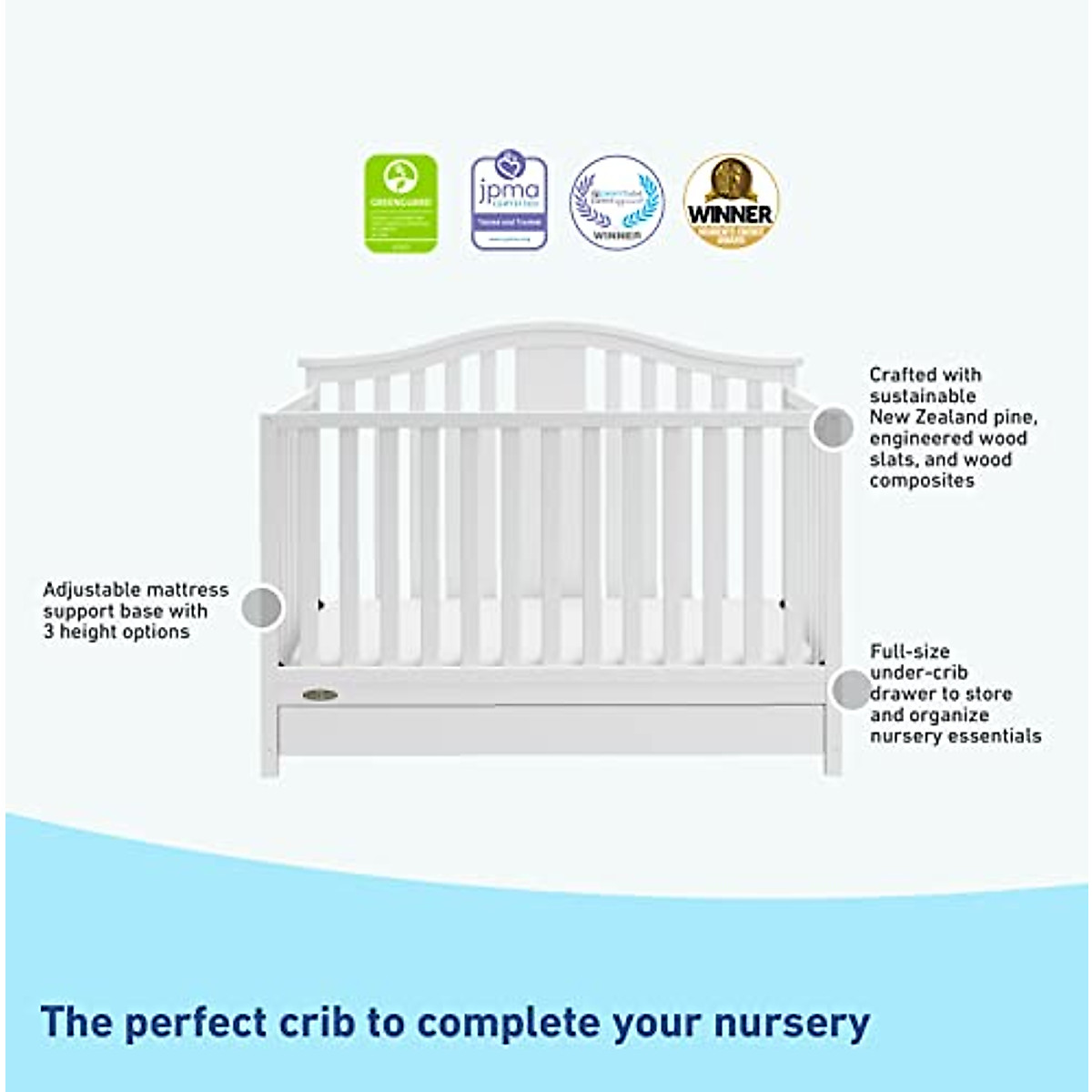 Graco Solano 4-in-1 Convertible Crib with Drawer (White) – GREENGUARD Gold Certified, Crib with Drawer Combo, Includes Full-Size Nursery Storage Drawer, Converts to Toddler Bed and Full-Size Bed