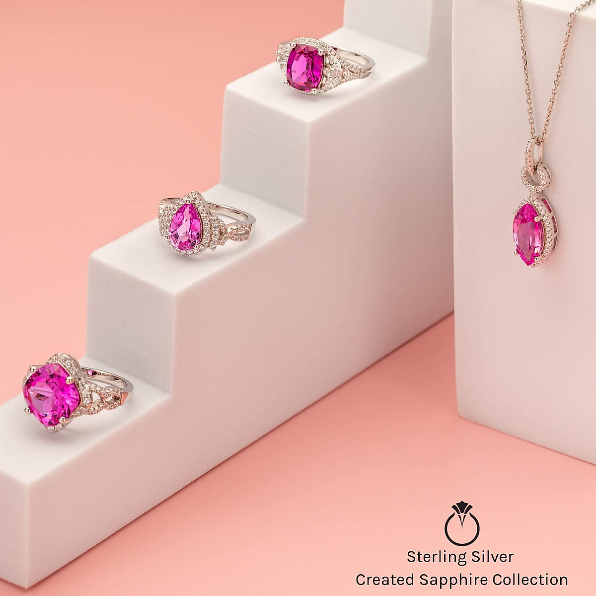 PEORA Created Pink Sapphire Princess Halo Ring Sterling Silver 1.00 Carats Size 8