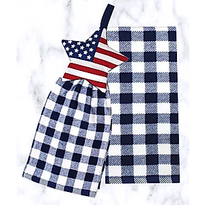 Celebrate Patriotic Kitchen Towels, Set of 2 Coordinating Cotton Terry Dishtowels, Red, White, Blue Flag Star Tie Top and Blue White Buffalo Plaid for 4th of July, Memorial or Labor Day