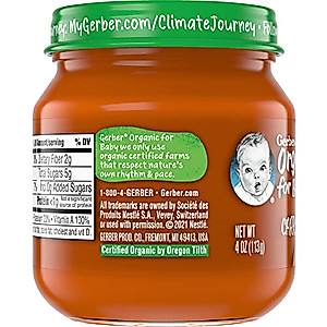 Gerber Organic for Baby 1st Foods Baby Food Jar, Carrot, USDA Organic & Non-GMO Pureed Baby Food for Supported Sitters, 4-Ounce Glass Jars (Pack of 6)