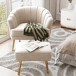 SHINEBOOM Velvet Accent Chairs with Ottoman for Living Room Bedroom Office Leisure Upholstered Single Sofa Chair Arm Chair Comfy Chair Reading Club Coffee Chair with Metal Legs, Beige