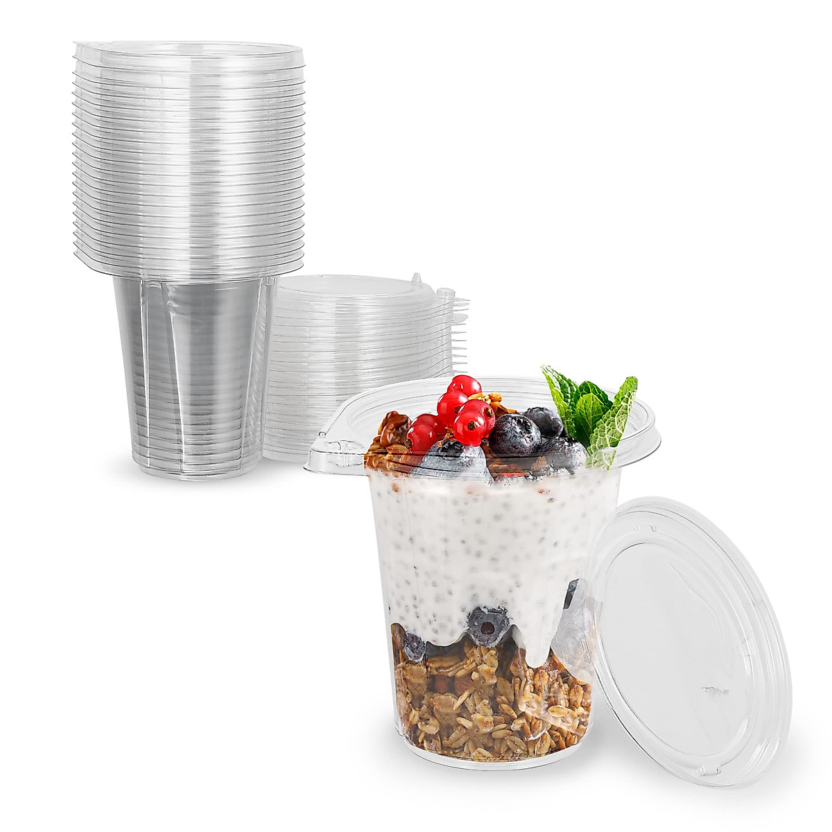 MT Products Plastic Parfait Cups with Lids 16 oz. - (20 Pieces) Tamper Evident Yogurt Containers - Clear Disposable Cups with Lids for Yogurt, Fruit, Cereal or Vegetables