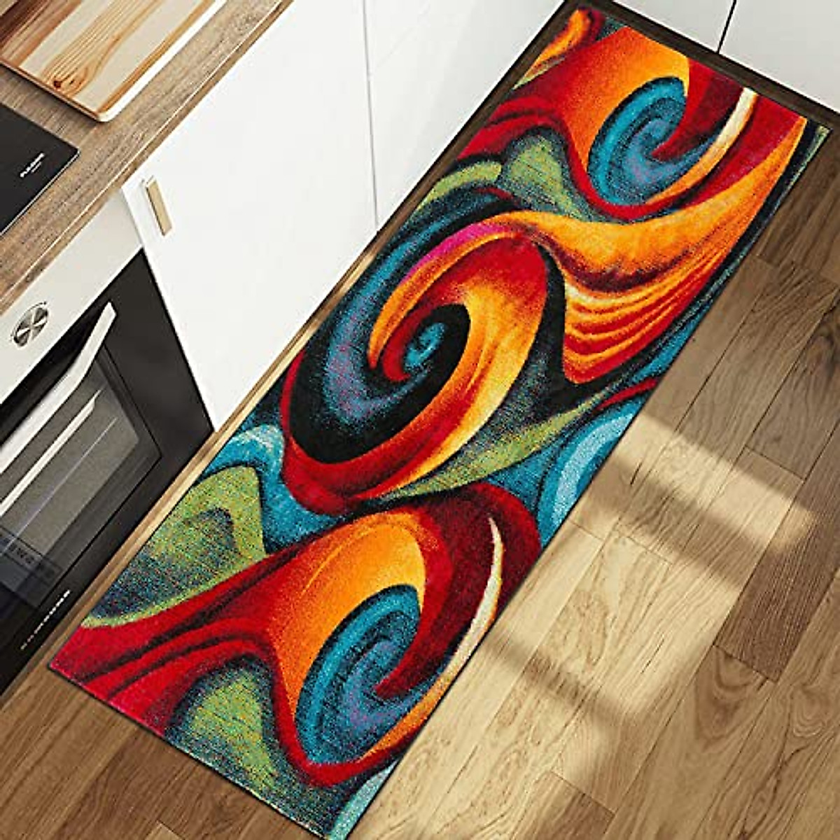 GUBIYU Abstract Rugs Modern Geometric Area Rug Bedroom Living Room Floor Carpet with Swirls in Red Turquoise Orange Contemporary Dining Accent Rugs Sevilla Collection for Hallway 23.6x59 in Runner