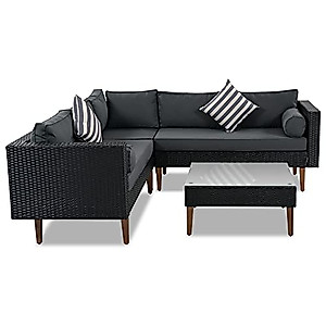 GLIFRON Outdoor Patio Furniture 4-Piece All Weather PE Brown Rattan L-Shaped Sectional Sofa Conversation Set with Colorful Pillows, Beige Cushions & Glass Coffee Table for Porch Lawn Garden