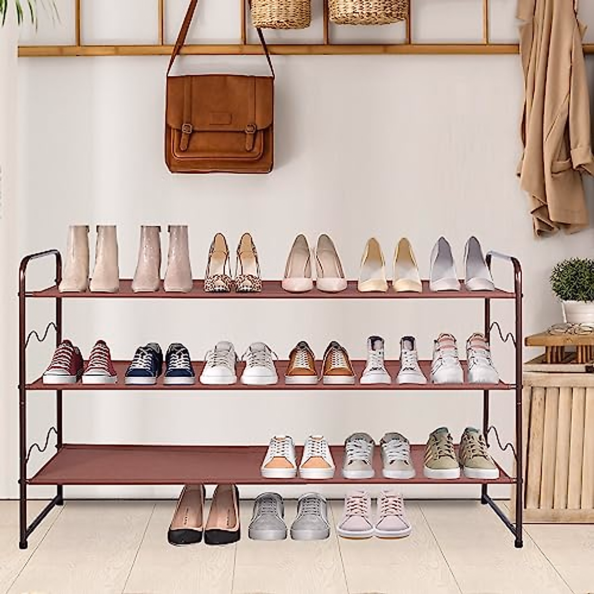 ZXNABA 3-Tier Shoe Rack Stackable Long Shoe Shelf Storage Organizer for Closet, Entryway 18-Pair / 24-Pair (Golden-Brown)