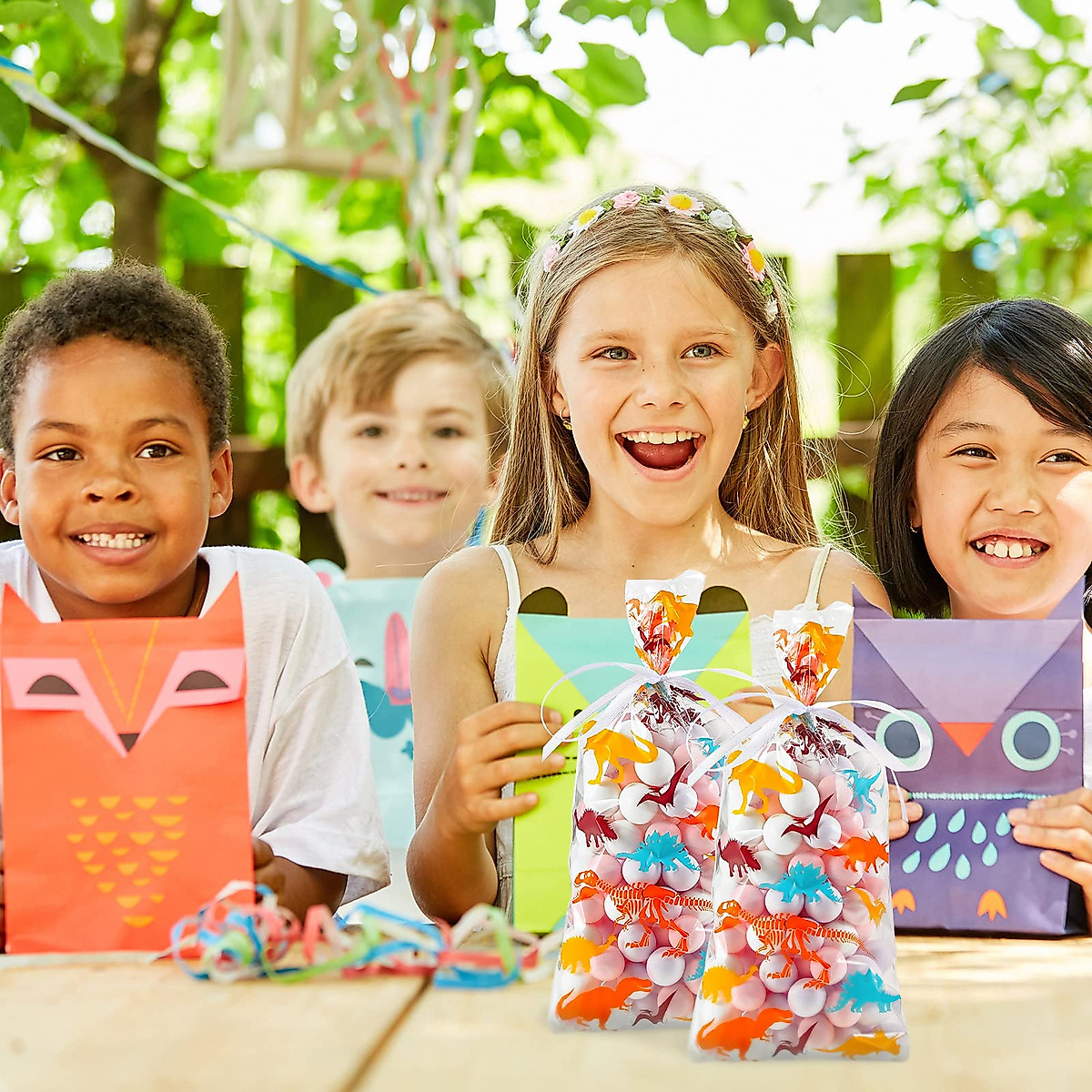 Outus 100 Pieces Dinosaur Cellophane Bags Clear Dinosaur Skeleton Bags Party Favors Bags with A Roll of Ribbon for Chocolate Candy Snacks Cookies Dinosaur Themed Party Supplies (Mixed Colors)