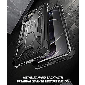 Poetic Spartan Series for iPhone 12 Pro Max 6.7 inch Case, Full-Body Rugged Dual-Layer Metallic Color Accent with Premium Leather texture Shockproof Protective Cover with Kickstand, Metallic Gun Metal