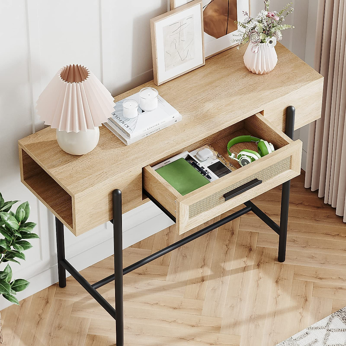 IDEALHOUSE Console Table Rattan Sofa Tables Narrow Entryway Table with Drawer and Storage, 40” Behind Couch Table Hallway Table Boho Desk Home Furniture for Living Room, Foyer, Bedroom