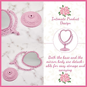 CHENGU Heart Shaped Mirror 8 Pieces Hair Styling Combs Double Sided Rotatable Dresser Heart Mirror Makeup Gifts for Girls Gift Vanity Tabletop(Pink)