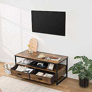 WEENFON Coffee Table, Industrial Coffee Table with 2 Cloth Drawers & Open Storage Shelf, Modern Accent Cocktail Table with Hidden Compartment for Living Room, Metal Frame, Rustic Brown