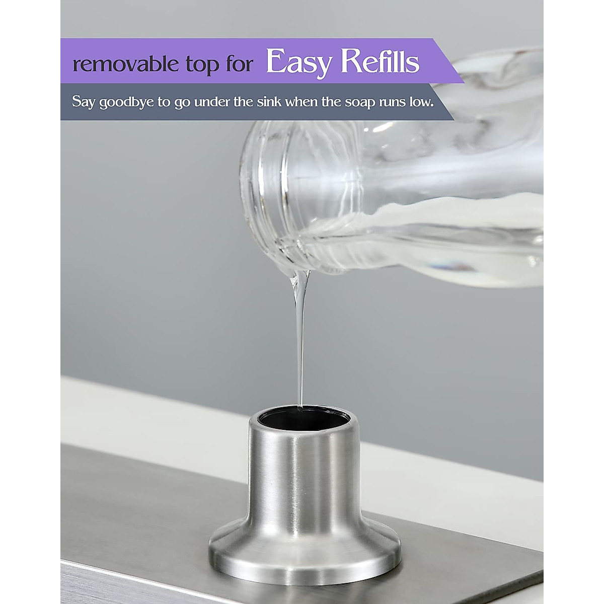 Hoanmpy Kitchen Sink Soap Dispenser(Brushed Nickel) - Built in Sink Soap Dispenser, Stainless Steel, Pump Set for Dish Soap or Lotion, Refill from The Top,Soap Dispenser for Kitchen Sink,17 OZ