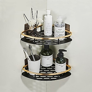 ROZZWILD Shower Caddy 2 Pack Adhesive Wall Mounted No Drilling Washstand Organizer Aluminum Alloy Rustproof Shelf Bathroom Kitchen Storage Rack Matte Black Gold (Triangle)