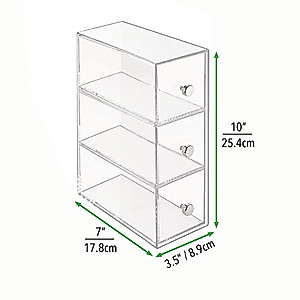 mDesign Plastic Kitchen Pantry Stackable Storage Organizer Container Station with 3 Drawers for Cabinet, Countertop, Holds Coffee, Tea, Sugar Packets, Creamers - Lumiere Collection - 4 Pack - Clear
