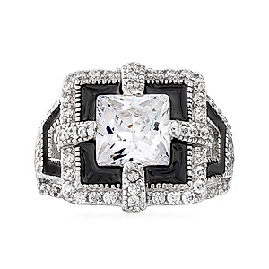 Ross-Simons 5.91 ct. t.w. CZ Art Deco Ring With Black Enamel in Sterling Silver. Size 8