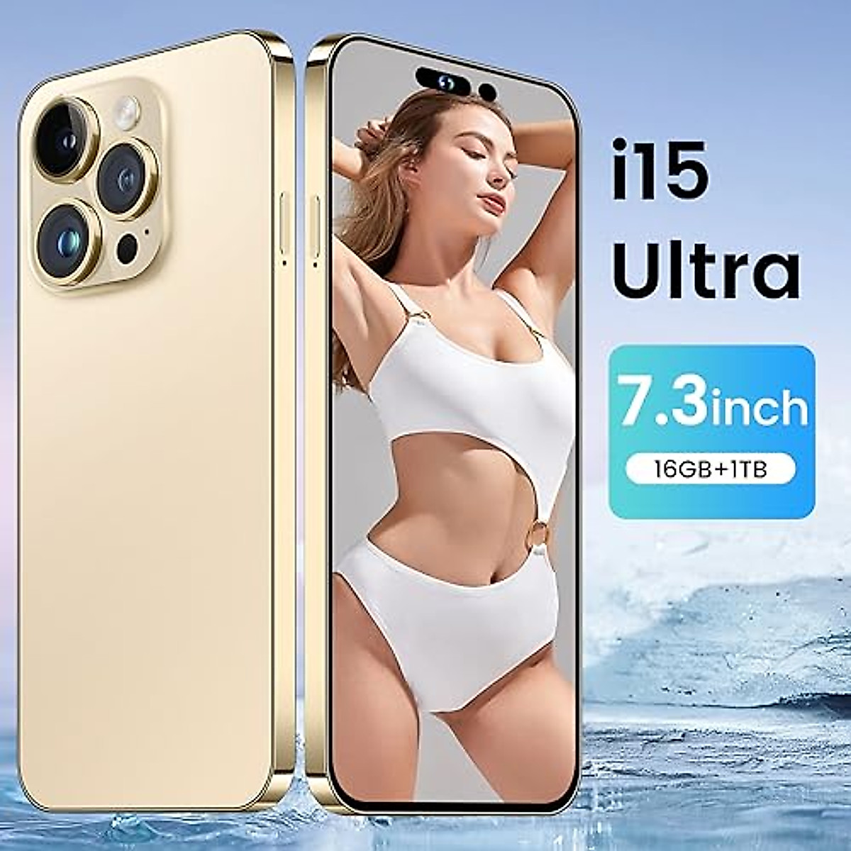 i15Ultra Cheap Unlocked Smartphone, 7.3Inch Original Incell HD Capsule Screen, 16GB RAM 1TB ROM, 5G Global Version Mobile Phones for Outdoor Adventure,Gold-1TB