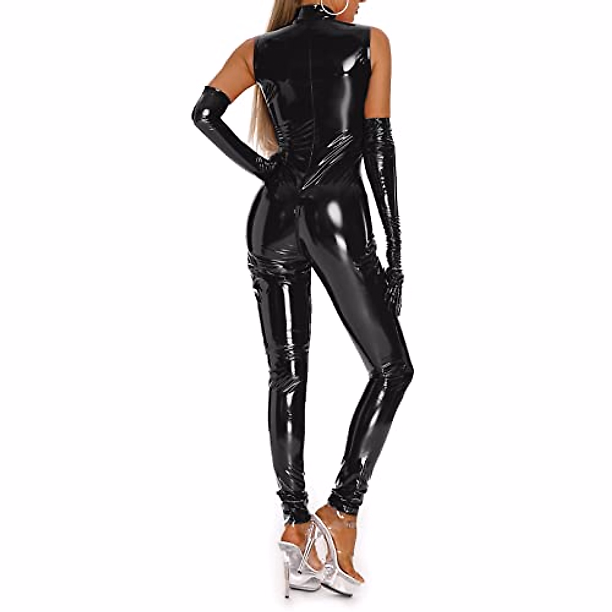 YiZYiF Latex Catsuit, Faux Leather Jumpsuits for Women Wetlook PVC Bodysuit Sexy Bodycon Clubwear Black Medium
