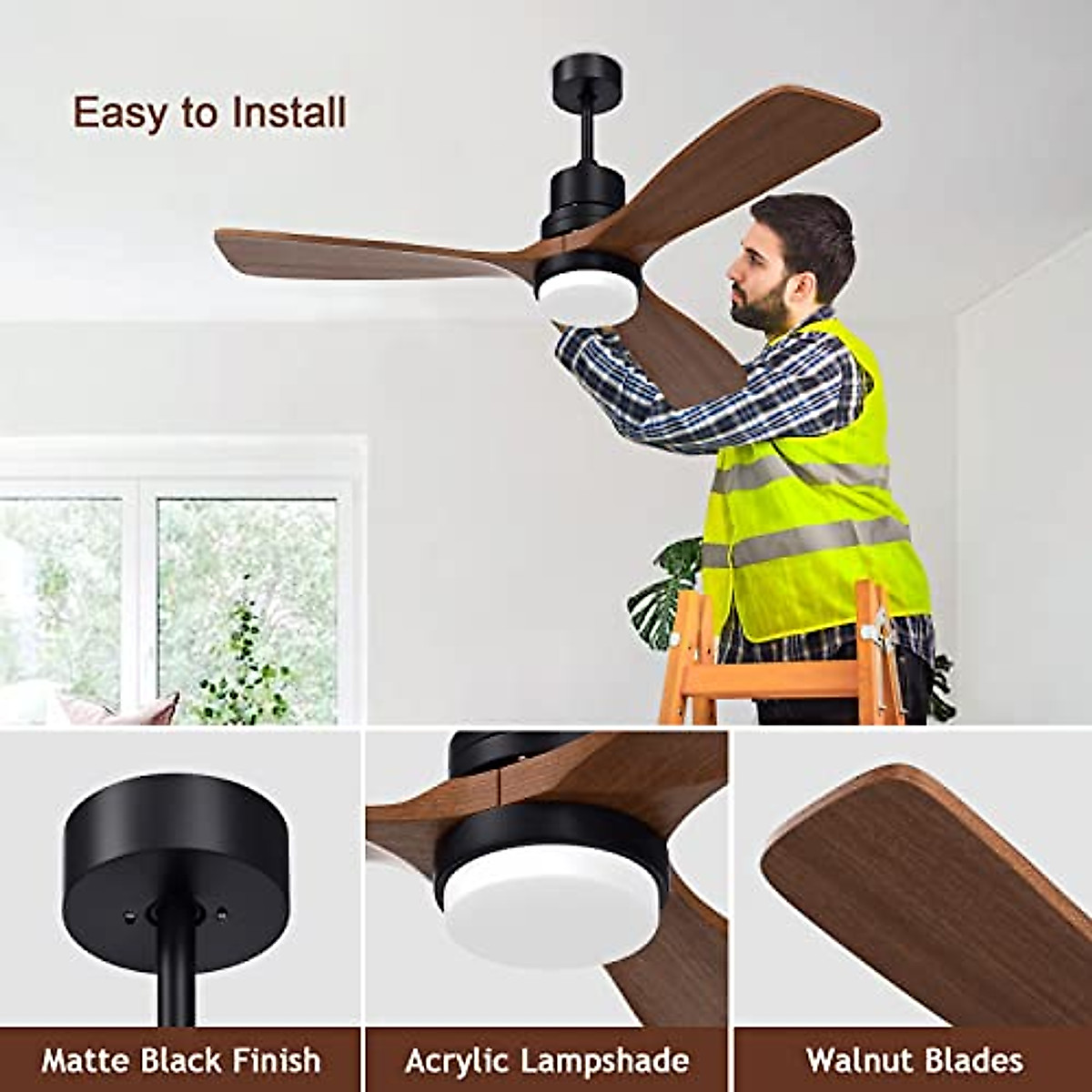 ghicc Ceiling Fans with Lights and Remote Modern Ceiling Fans with 3 Walnut Wood Blades, Indoor/Outdoor Ceiling Fans for Patios Farmhouse Bedroom，42"， Matte Black