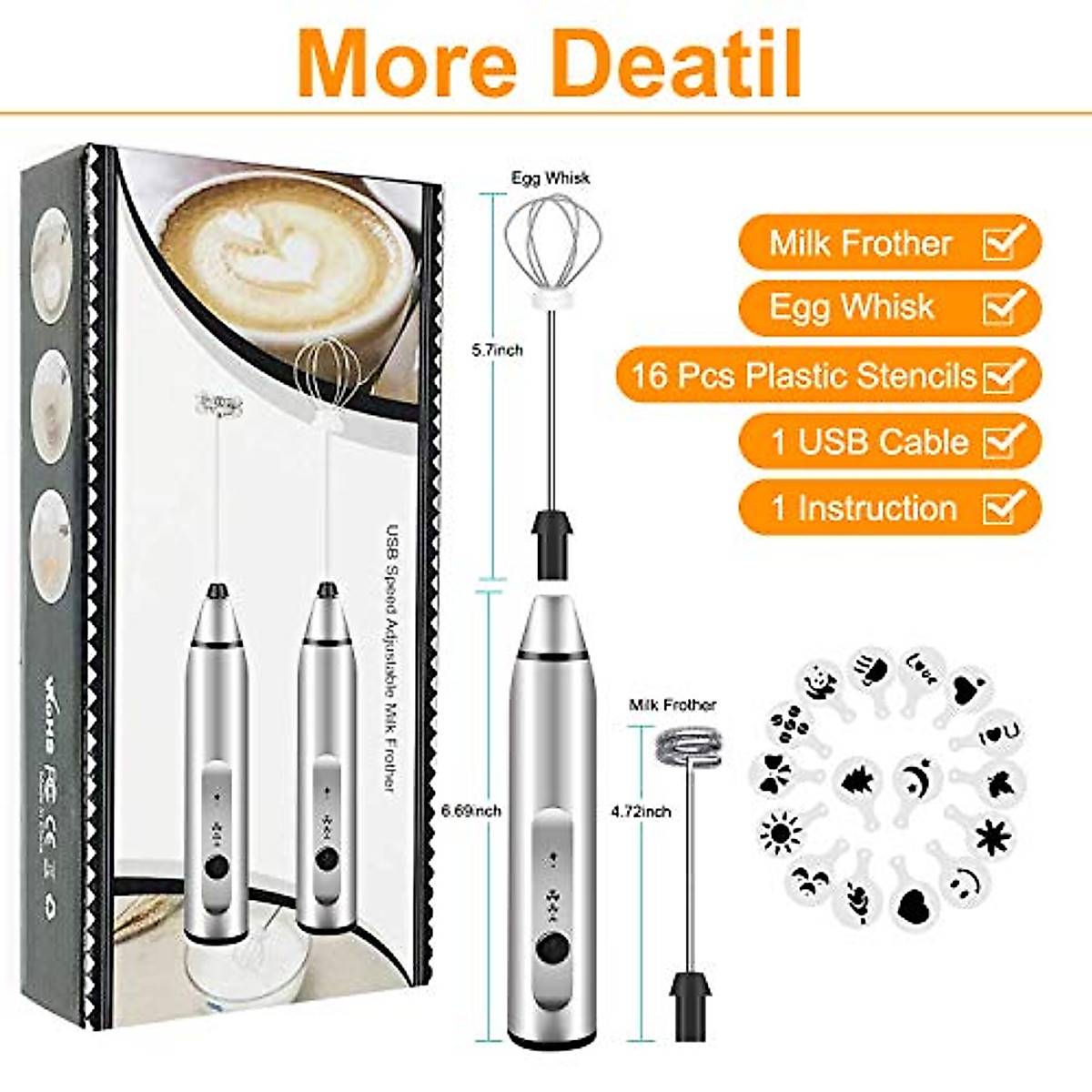 Milk Frother Handheld, Gbivbe Rechargeable Whisk Drink Mixer for Coffee with Art Stencils, Coffee Mixer for Cappuccino, Hot Chocolate Match, Frappe, Hot Chocolate, Egg Whisk