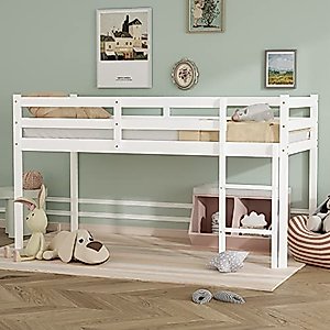 Tmosi Low Loft Bed Twin,Solid Wood Kids Twin Bed Frame with Ladders and Guard Rails,Space Saving Twin Size Loft Bed for Girl Boy,No Box Spring Needed,Easy to Assembly (Built-in Ladder-White)
