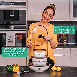 GK Steel Ceramic Detachable Pots and Pans Set - Ceramic Pots and Pans with Titanium Diamond Coating, Oven and Induction Safe(Warm White-3 Piece)