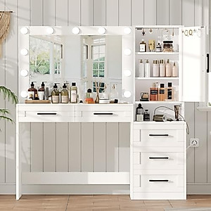 Irontar Makeup Vanity Desk with Charging Station, Farmhouse Makeup Desk with Lights Mirror and Drawers, Vanity Table with Side Cabinet, Dressing Table for Women, White WDT008W