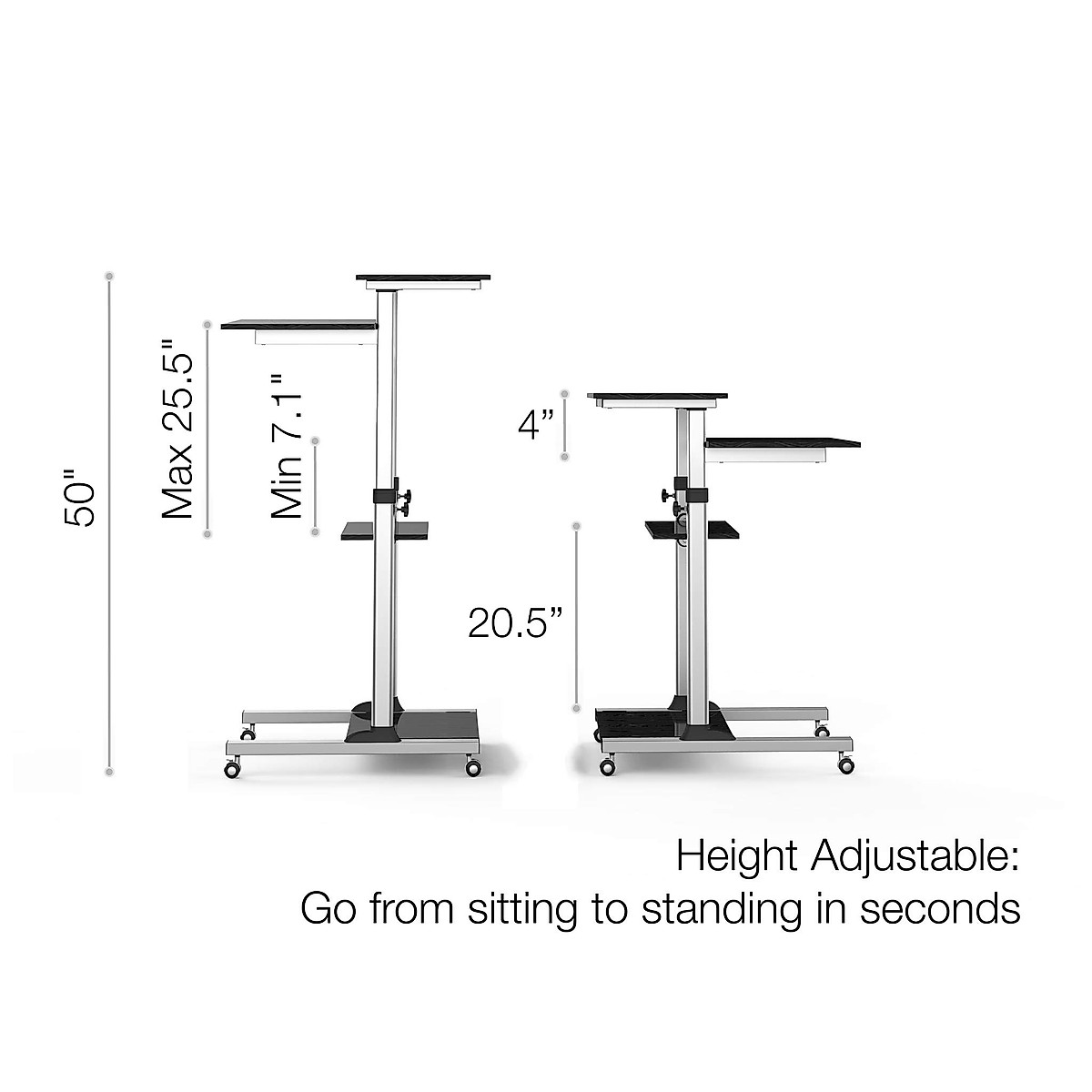 TechOrbits White Mobile Standing Desk Rolling Workstation Cart - Stand Up Media Podium Mobile Desk