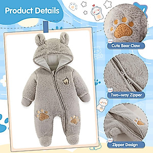 Fairy Baby Newborn Baby Winter Snowsuit Bear One-Piece Hooded Romper Footie Fleece Jumpsuit Infant Girl Boy Grey 3-6M