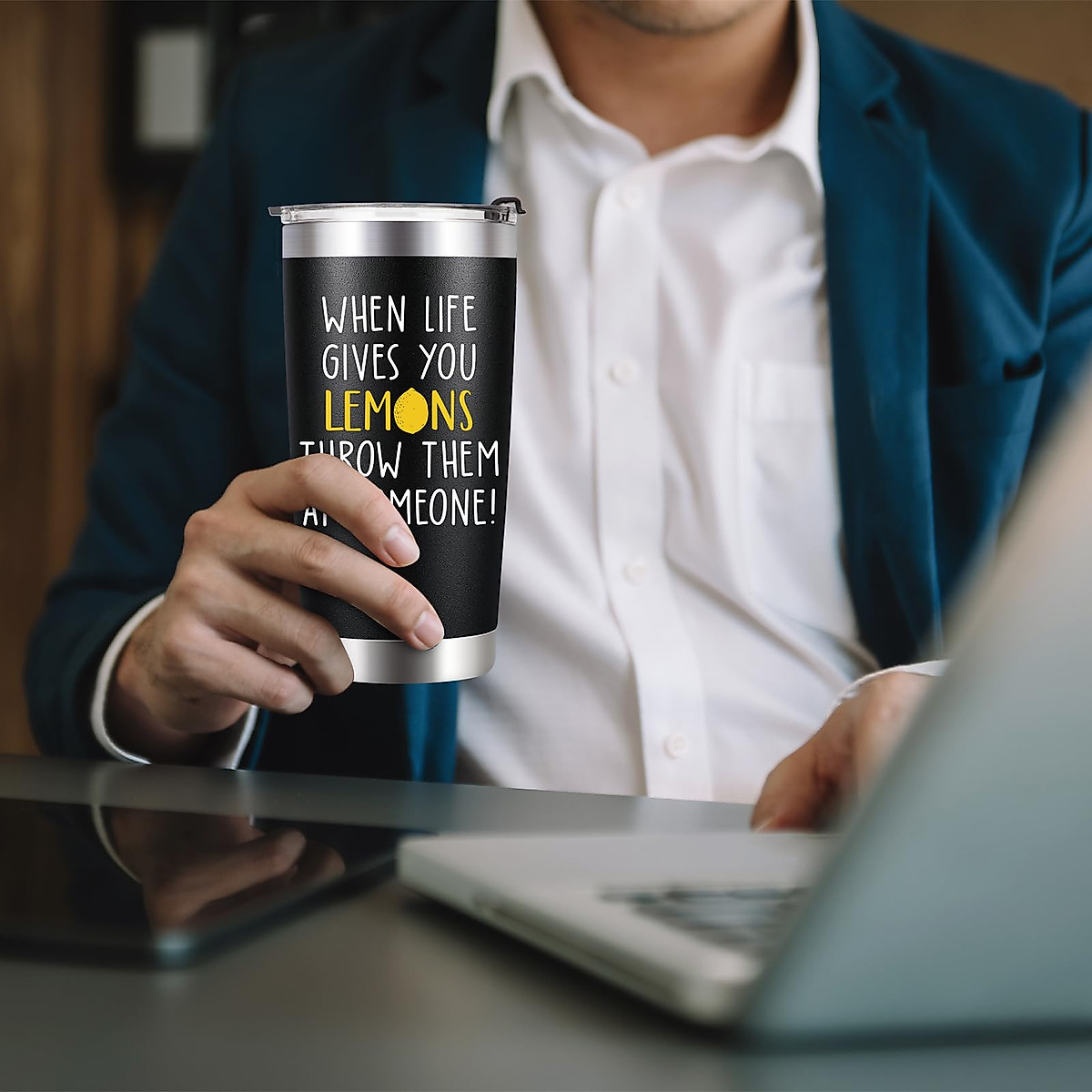 KOOLDRINK When Life Gives You Lemon Throw Them at Someone Tumbler-Inspirational Gifts for Women Men-Funny Christmas Gifts for Coworker,Boss Lady-Birthday Gifts ideas Black 20oz