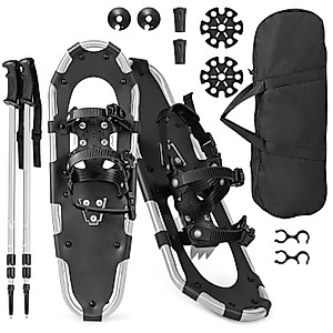 GYMAX Snow Shoes, 21/25/30 inch 3 in 1 Snowshoes Trekking Poles Bundle for Men & Women, Lightweight Aluminum All Terrain Snowshoes Set with Fully Adjustable Binding & Carry Bag (21", Silver)