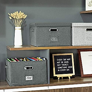 JSungo File Box with 5 Hanging Filing Folders, Document Organizer Storage for Office, Collapsible Linen Storage Box with Lids, Home Portable Storage with Handle, Letter Size Legal Folder, Dark Gray