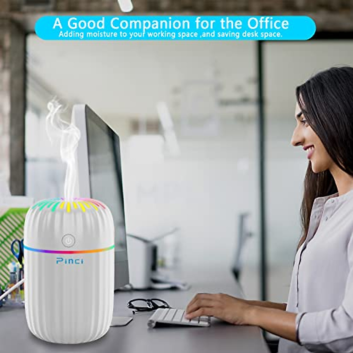 Pinci 300ml Air Humidifier,Colorful Cool Portable Mini Humidifier,Small Desktop Cold mist Humidifier,Auto Shut-Off,2 Mist Modes,Super Quiet for Car,Plant,Office,Bedroom(White)