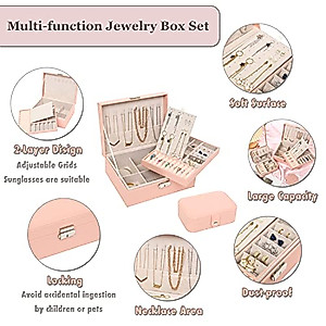 Jewelry Box Organizer Set for Women Girls, 2 Layer Jewelry Travel Organizer Necklace Earrings Bracelets Rings Storage Case with Adjustable Compartments, PU Leather