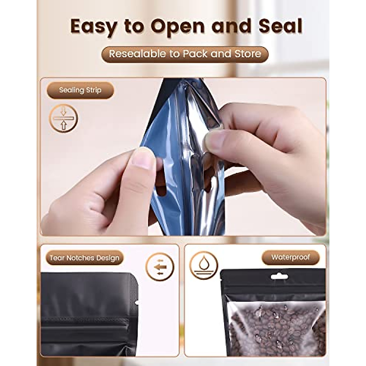 Resealable Bags, Mylar Bags Smell Proof Bags with Clear Window,Packaging Bags for Storage Coffee Beans, Cookie, Lipstick, Candy，150 Pieces， 6"x9"&4"x6"