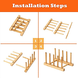 Yuixoseu 4 Pack Bamboo Dish Drying Rack, 4 Slots Wooden Plate Rack Stand Drainer Storage Holder for Dish, Plate, Bowl, Cup, Cutting Board, Lid, Book
