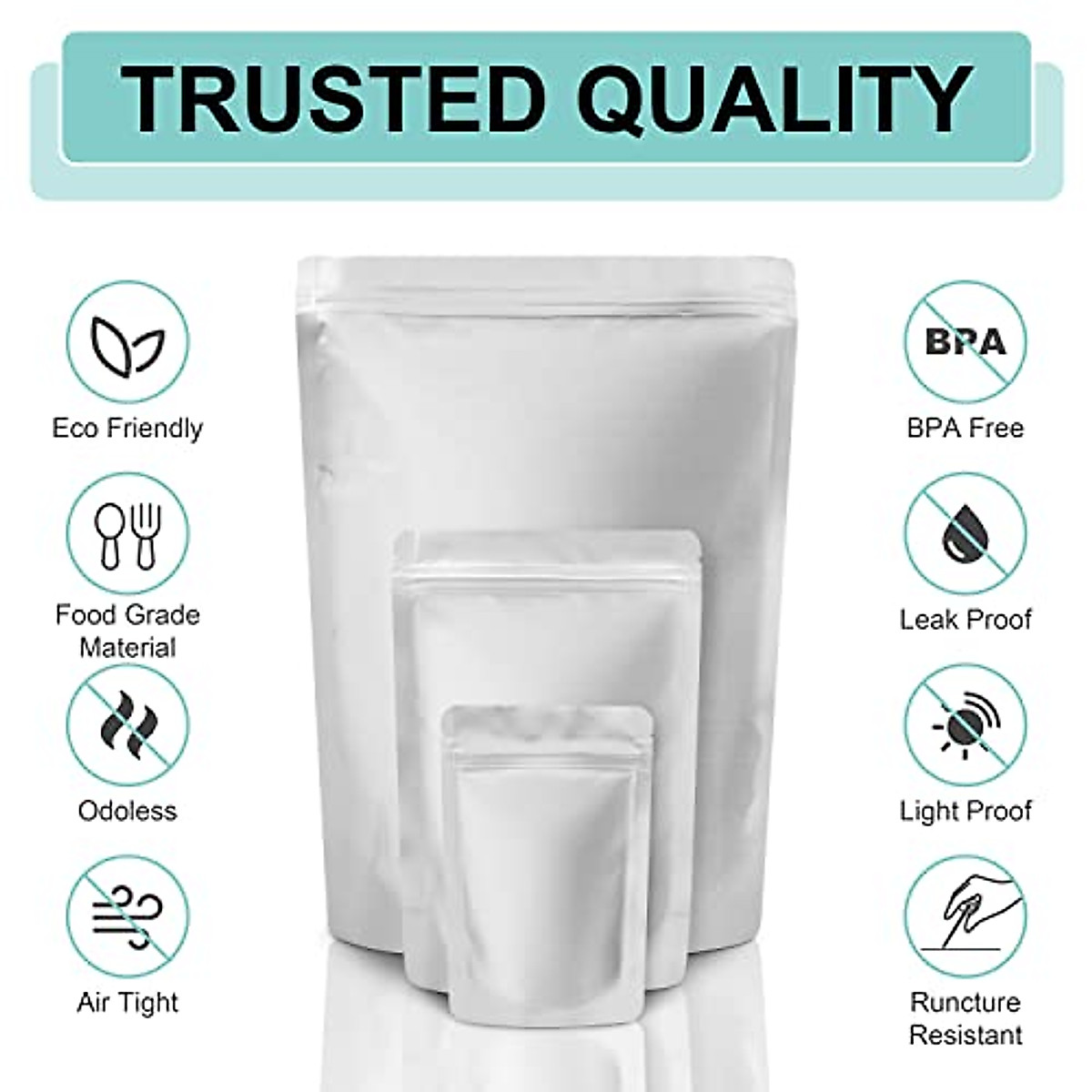 100 pcs Mylar Bags, Resealable Bags, Large Mylar Bags for Food Storage, Sealable Bags for Packaging, Aluminum Bags 10 Mil Thickness with 400cc Oxygen Absorbers & 100 Labels, 3 Sizes (10x14, 6x9, 4x6 inches)