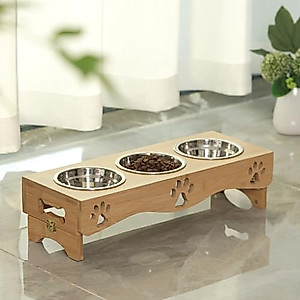 JAZUIHA Elevated Cat Bowls, Raised Cat Food Bowl Set Stainless Pet Dishes Feeder with Wooden Stand, Food and Water Bowl for Cat and Small Dog (Wood Color)