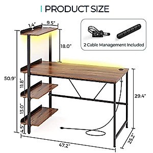 LINSY HOME Computer Desk 47 Inch with LED Light, Home Office Desk with USB Charger, Multifunctional PC Gaming Desk with 3-Tier Adjustable Storage Shelves & Cable Management, Brown