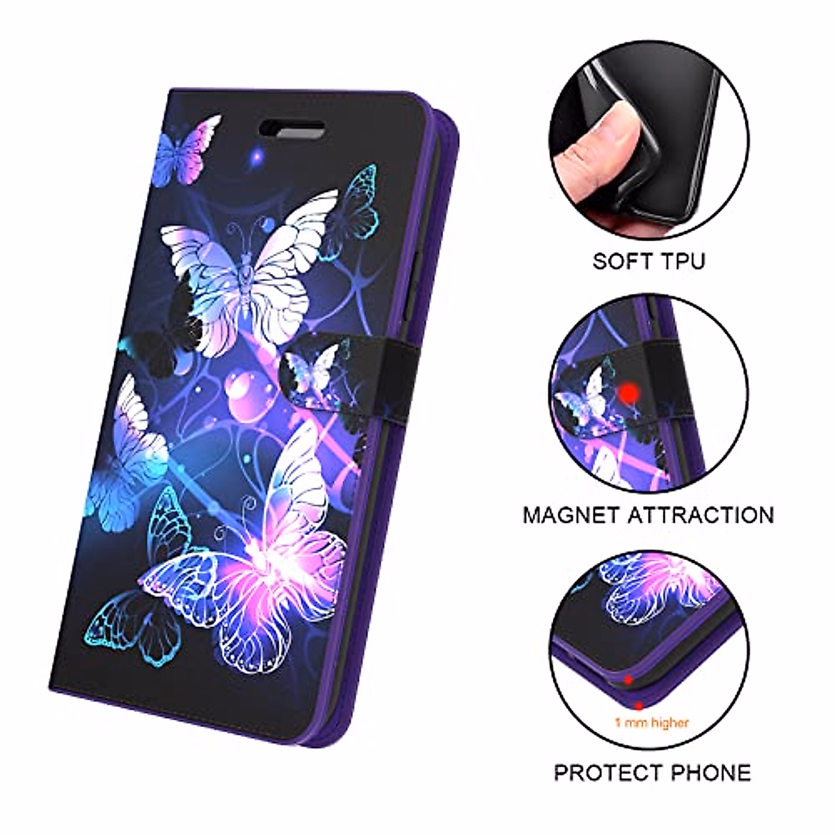 EnCASEs Wallet Case with Hand Strap for Samsung A53 5G,PU Leather Clip Flip Phone Case Cover with ID Card,Credit Card Pocket Holder (Stand Feature),Purple Butterfly Case for Samsung Galaxy A53 5G 2022