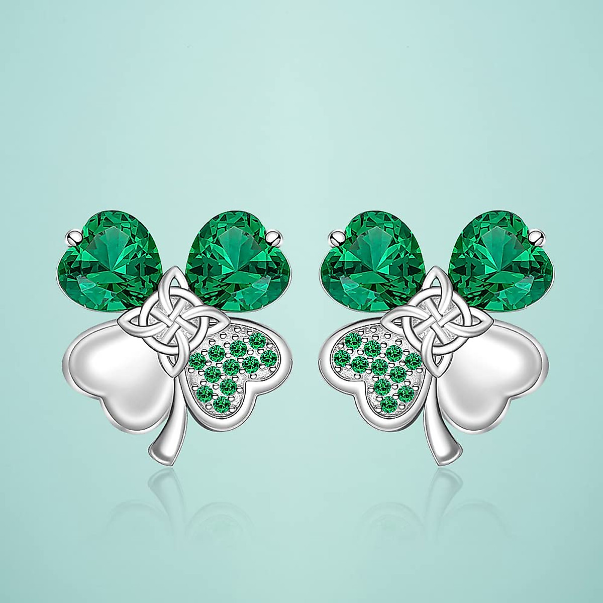 St Patricks Day Shamrock Earrings Sterling Silver Four Leaf Clover Irish Triquetra Celtic Knot Earrings for Women Emerald Green CZ Stud Prom Valentines Day Gift
