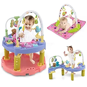 HONEY JOY Baby Bouncer Activity Center, 3-Stage Bouncing Activity Saucer & Playtime Mat & Activity Table, Toy-Bar, 3 Adjustable Heights, Foldable Exersaucer for Infants & Toddlers(Pink)
