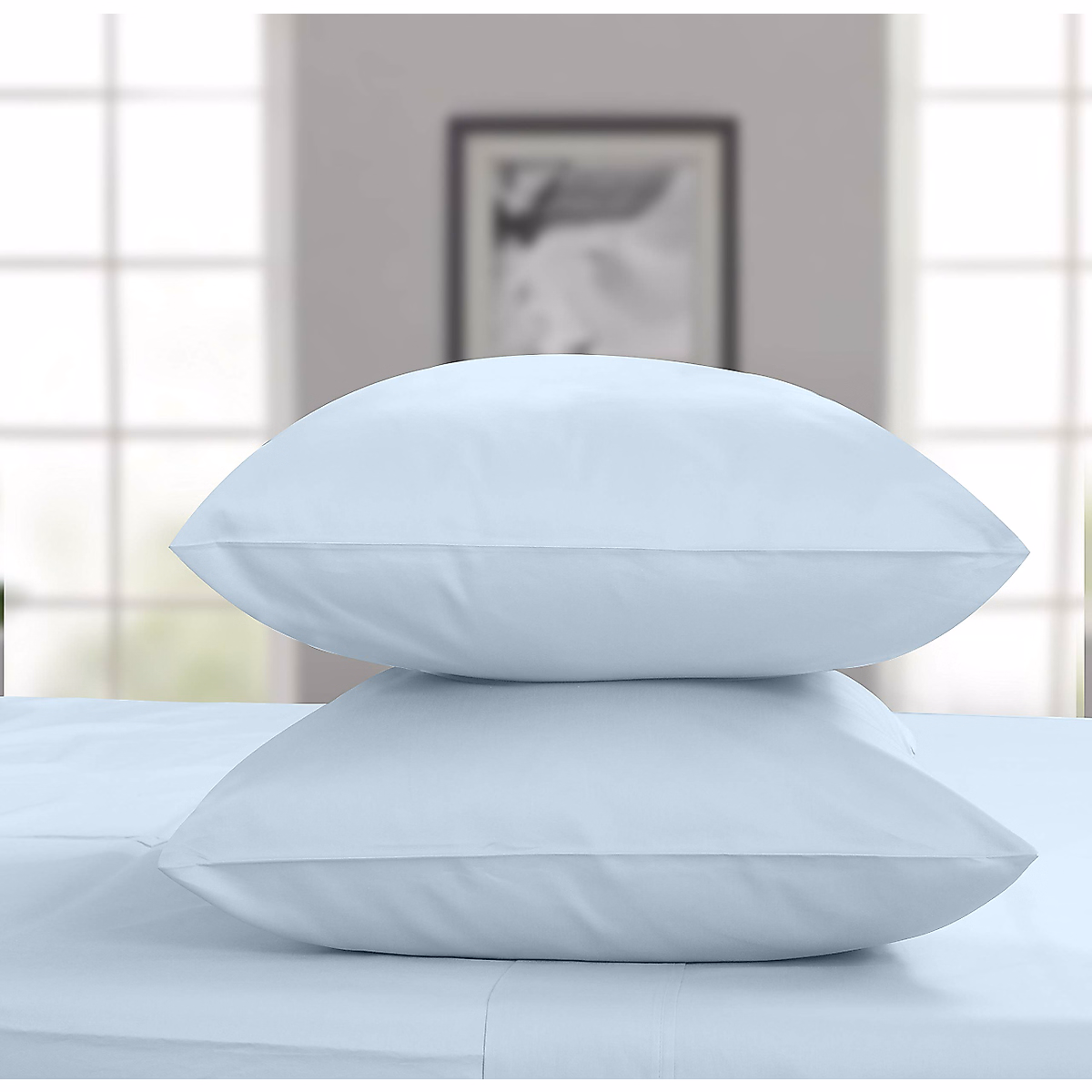 Threadmill Full Size Sheet Set | 100% Cotton Sheets | Solid Sateen Full Bed Sheets Set with 16' Elasticized Deep Pocket | Soft Breathable 4-Piece Cooling Sheet Set | Light Blue