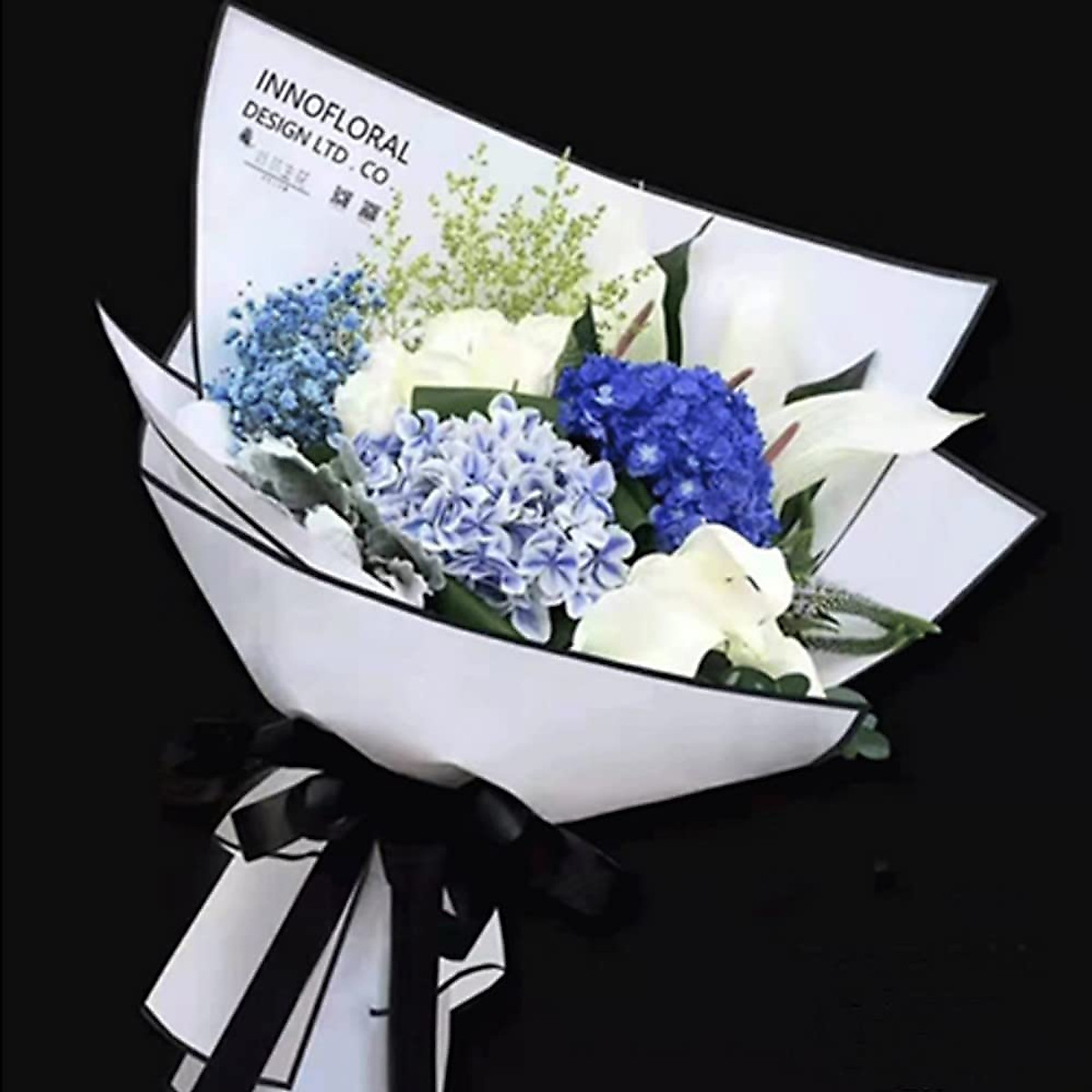 40 Sheets black and white aristocratic border Flower Wrapping Paper ，Waterproof Thicken Florist Bouquet Packaging Paper， Gift or Gift Box Packaging Paper 22.8 x 22.8 inch(Dark Black + Porcelain White)