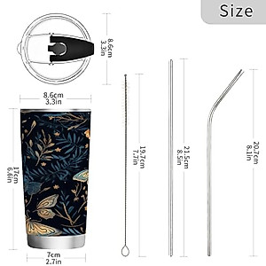 Wassud Gold Blue Butterfly 20 oz Tumbler with Lid and Straw Stainless Steel Double Wall Vacuum Tumblers Insulated Travel Coffee Mug for Cold and Hot Drinks