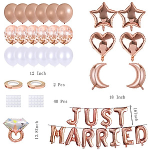 Maigendoo Wedding Balloons Set Just Married Banner Heart Star Moon Foil Mylar Balloon Diamond Balloon Confetti Balloon Latex Balloons Kit for Bridal Shower Wedding Engagement Party Decorations