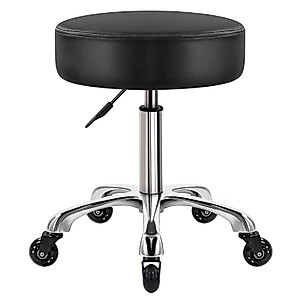 WKWKER Heavy Duty Rolling Stool with Wheels Hydraulic Swivel Adjustable Rolling Stool Ergonomic Thick Leather Seat Stool Chair for Kitchen Drafting Lab Office Salon Message Stool – Black